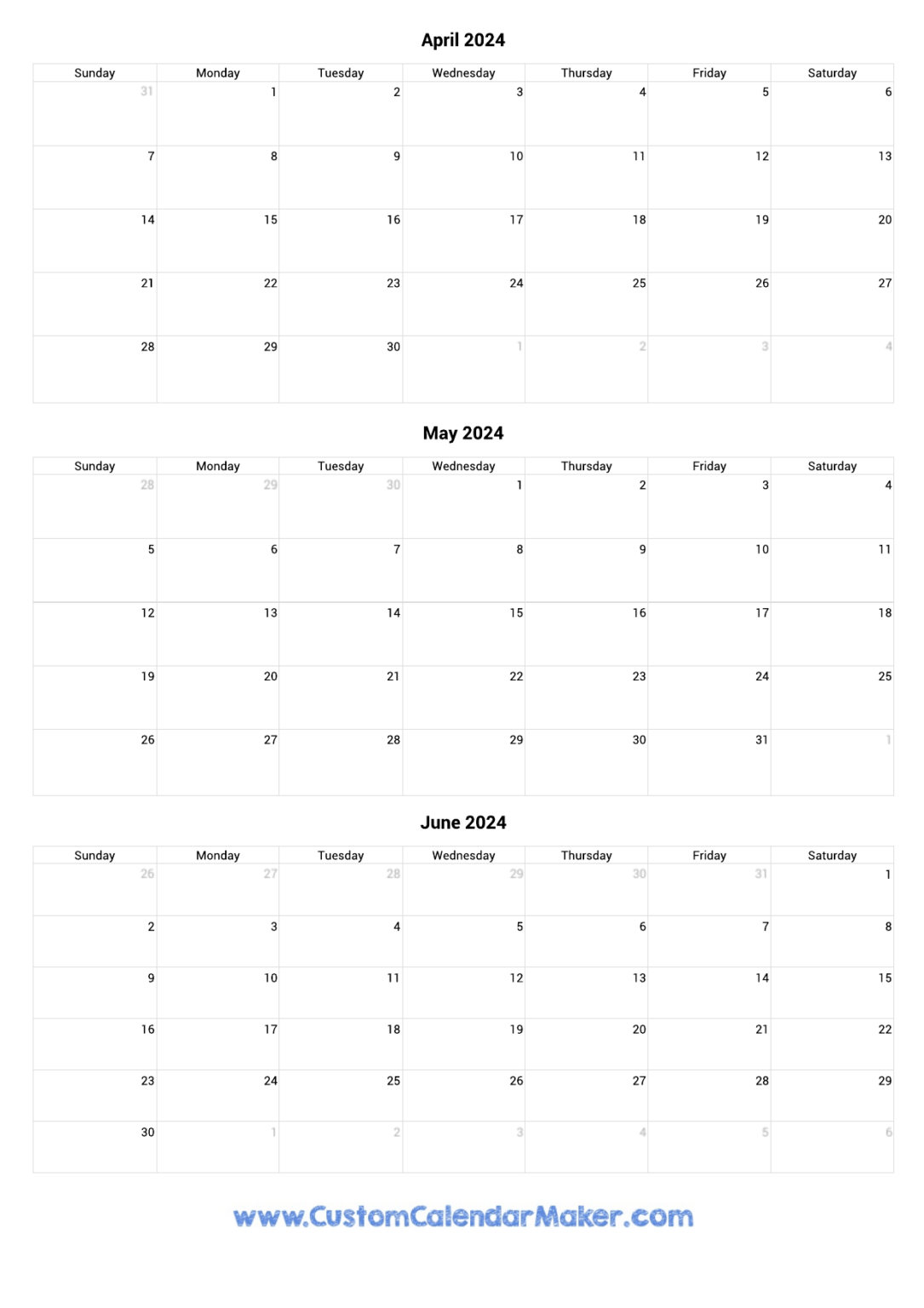 April May June 2024 Printable Calendar – FREE Printable