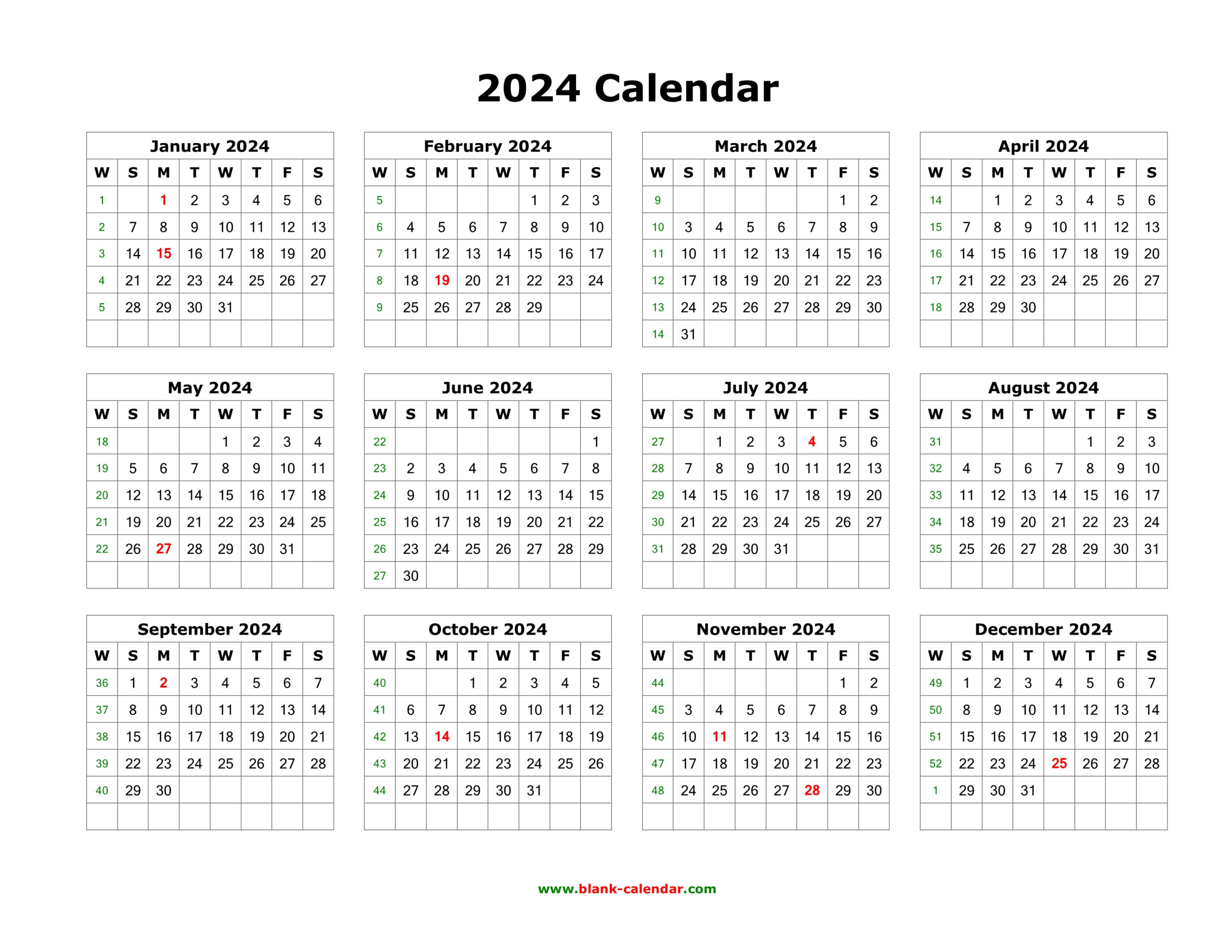12 Month 2024 Printable Calendar Printable Calendar 2024