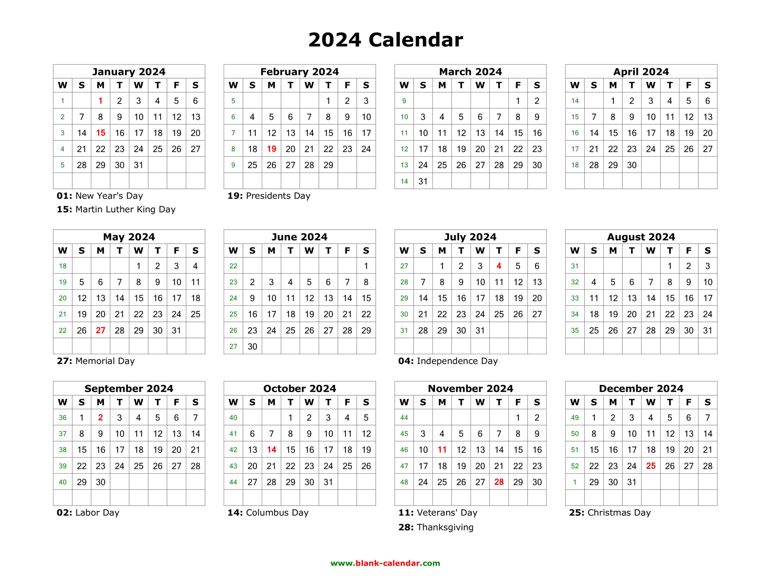 Printable 2024 12 Month Calendar With Holidays Printable Calendar 2024