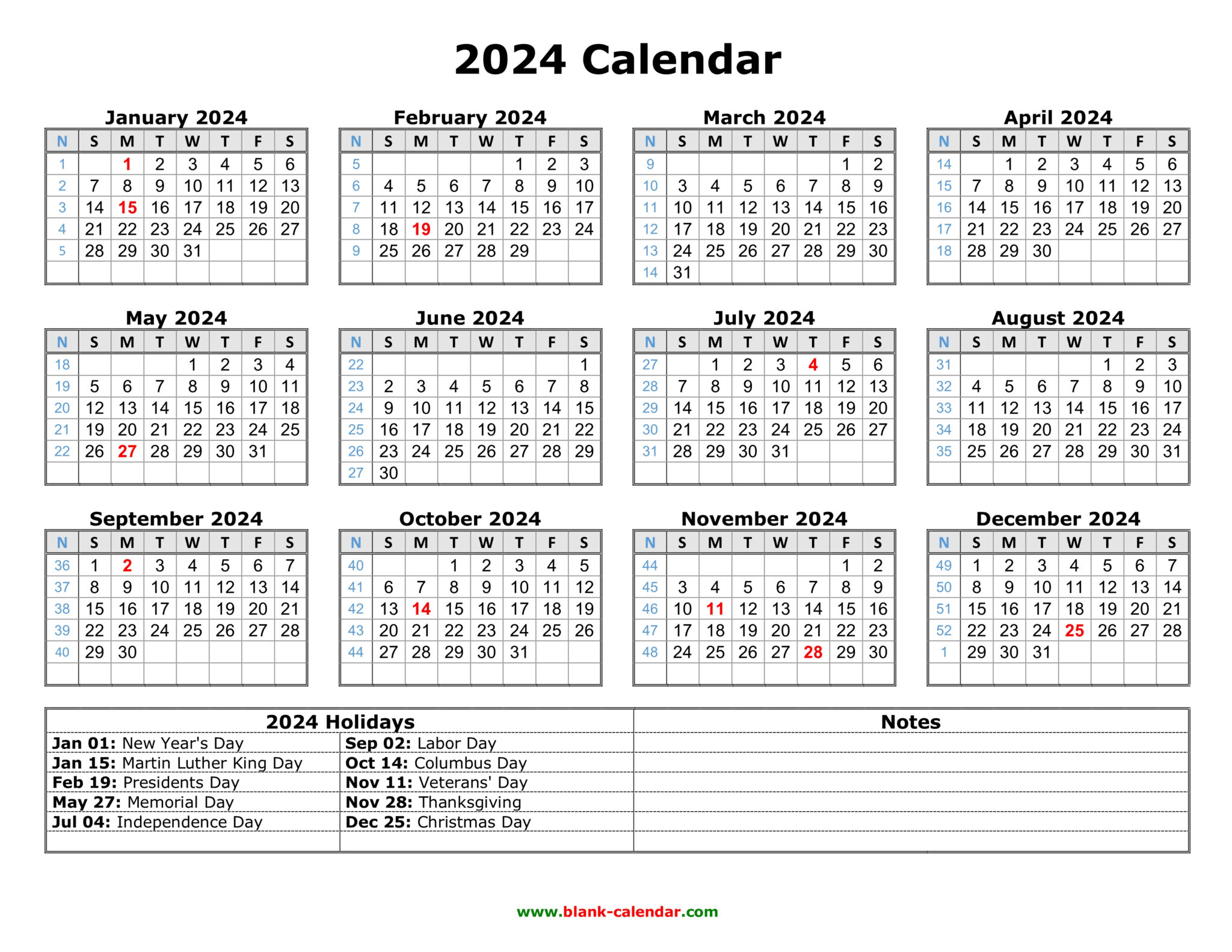 2024 Printable Yearly Calendar With Holidays – FREE Printable