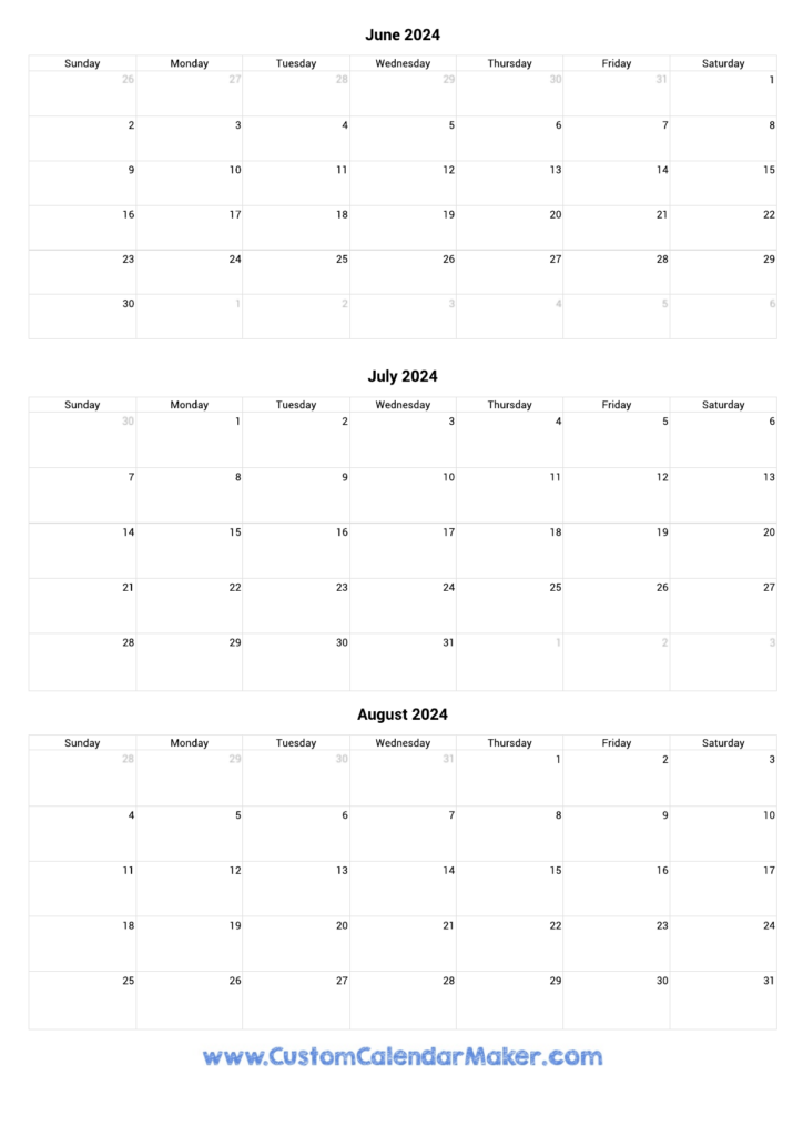 Free Printable Calendar June July August 2024 – FREE Printable