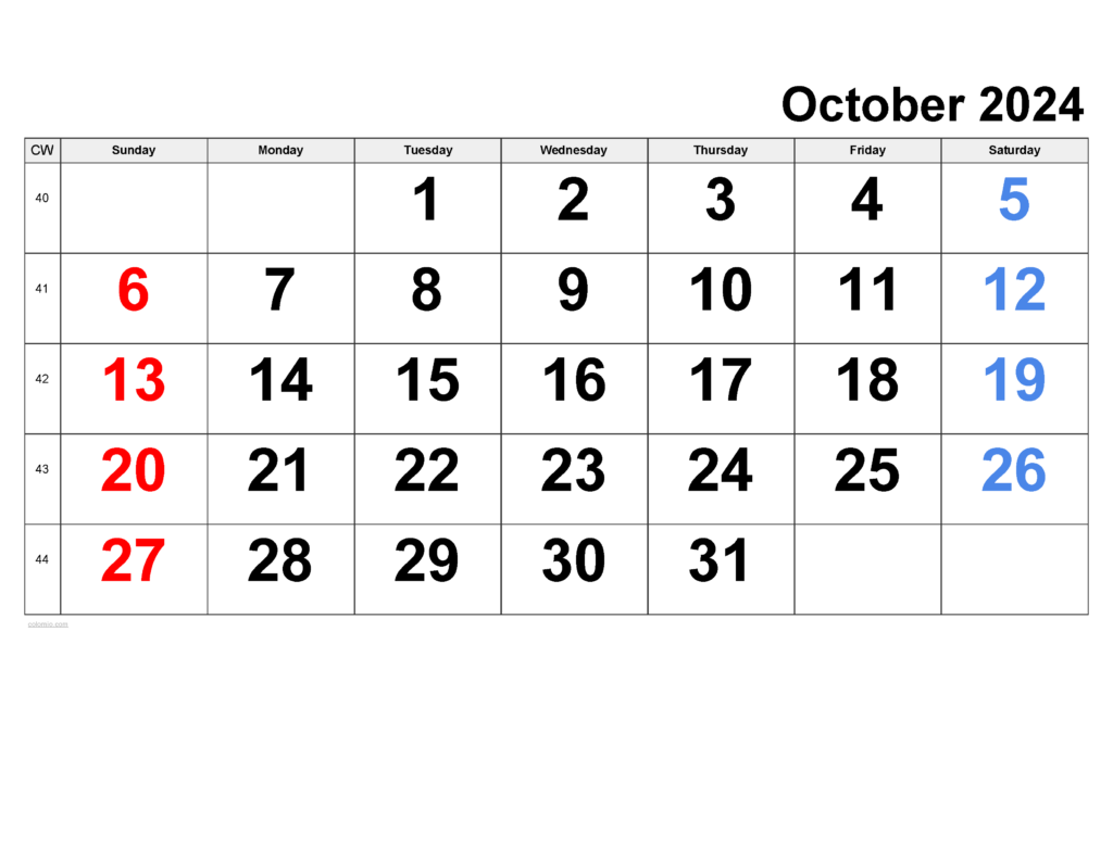 October 2024 Calendar Numbers Printable | Printable Calendar 2025