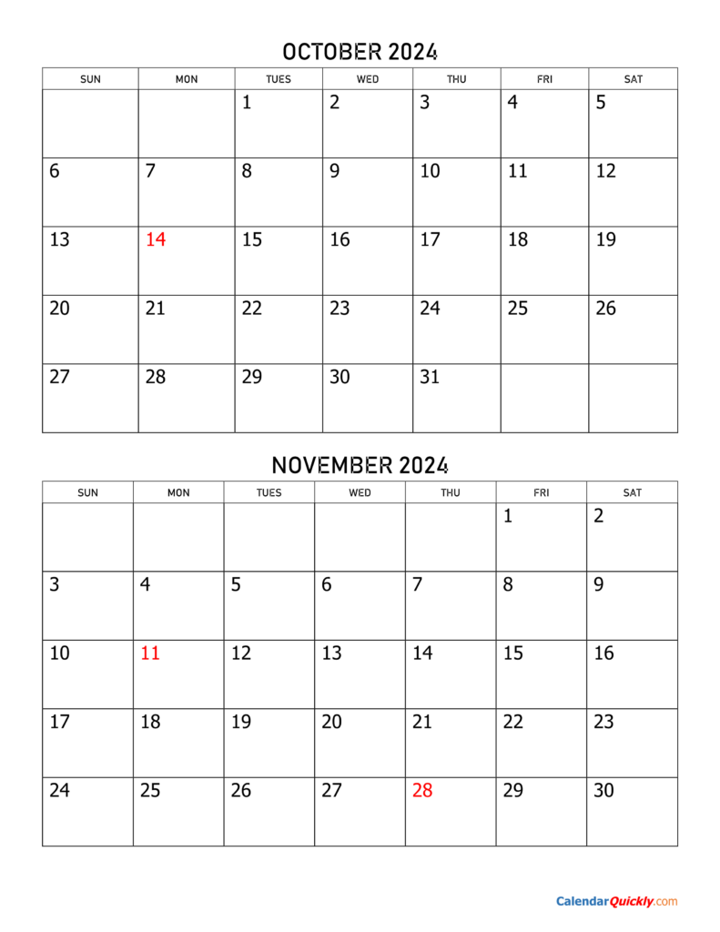 Printable October and November 2024 Calendar | Printable Calendar 2025
