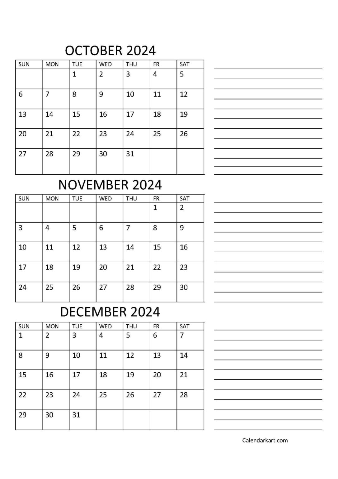 Free Printable Calendar 2024 October November December – Printable ...