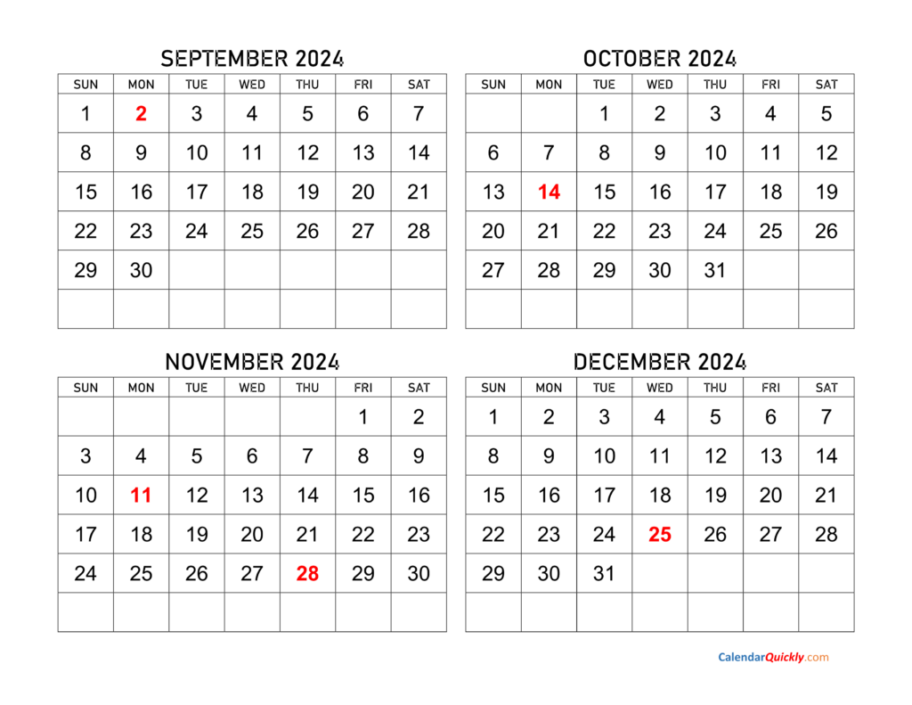 Calendar 2024 September October November December Printable | Printable ...
