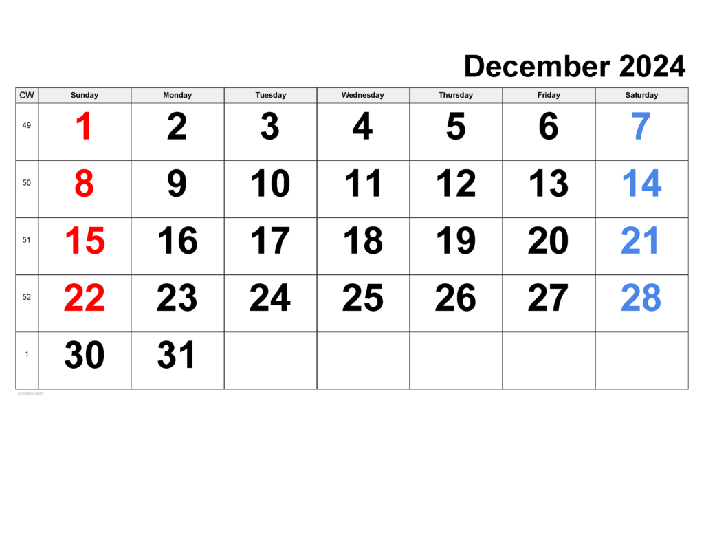 December 2024 Calendar Numbers Printable | Printable Calendar 2025
