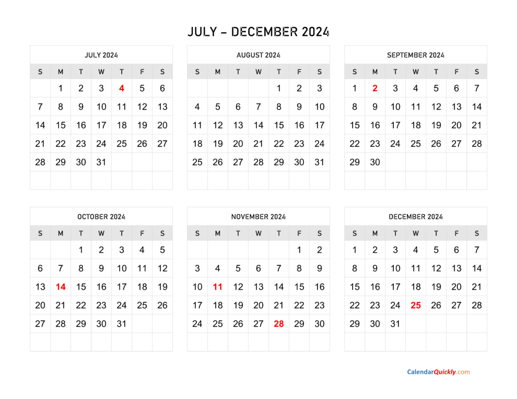 Calendar 2024 Printable June Through December | Printable Calendar 2025