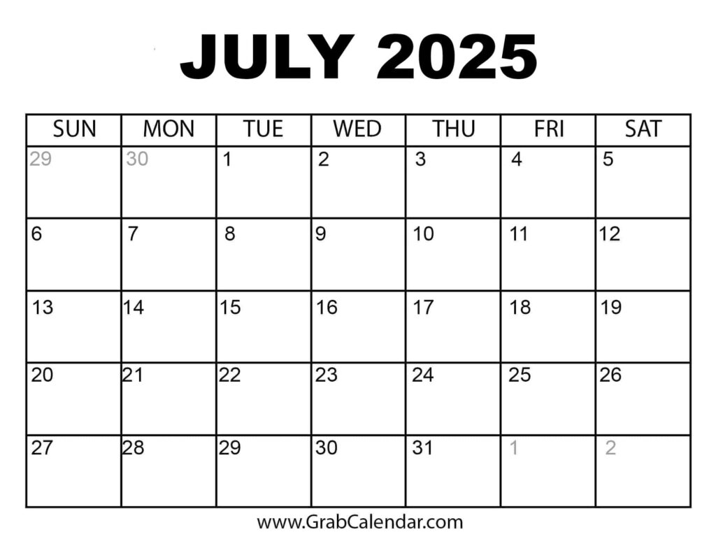 Grab Calendar July 2025 | Printable Calendar 2025