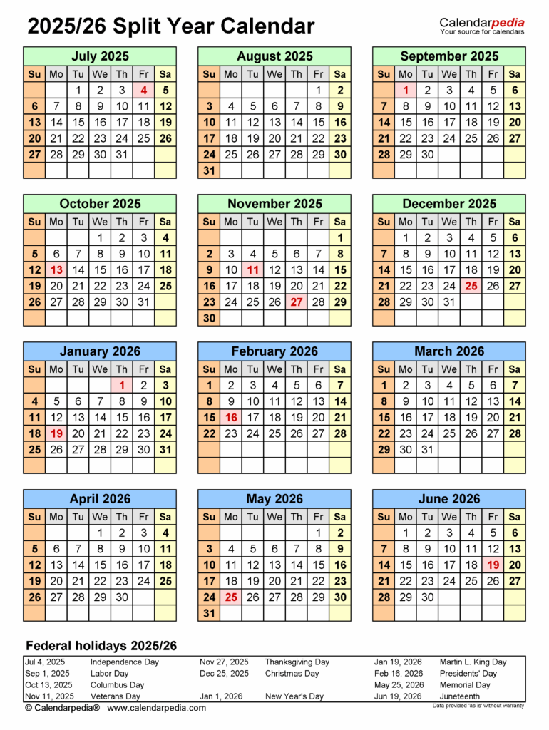 July 2025 - June 2026 Calendar Printable | Printable Calendar 2025