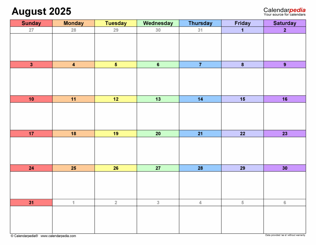 August 2025 Calendar Editable Word | Printable Calendar 2025