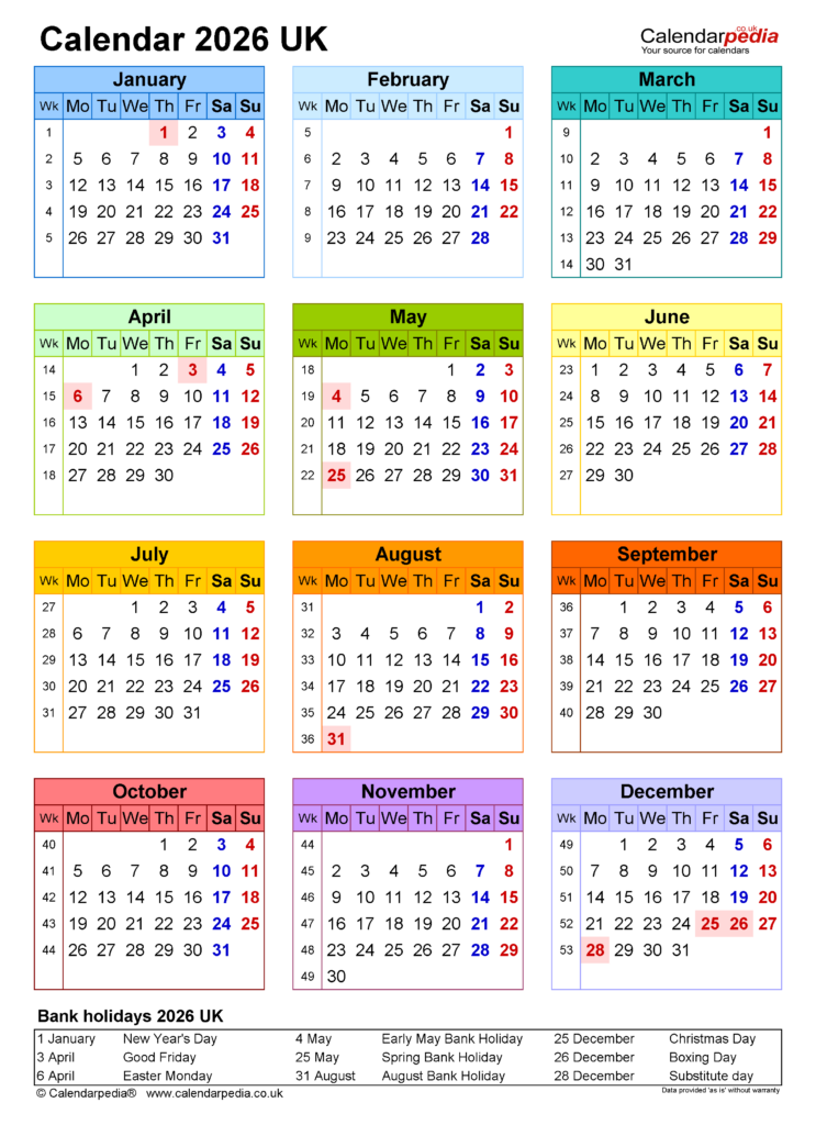 2026 Calendar Printable with Holidays UK | Printable Calendar 2025