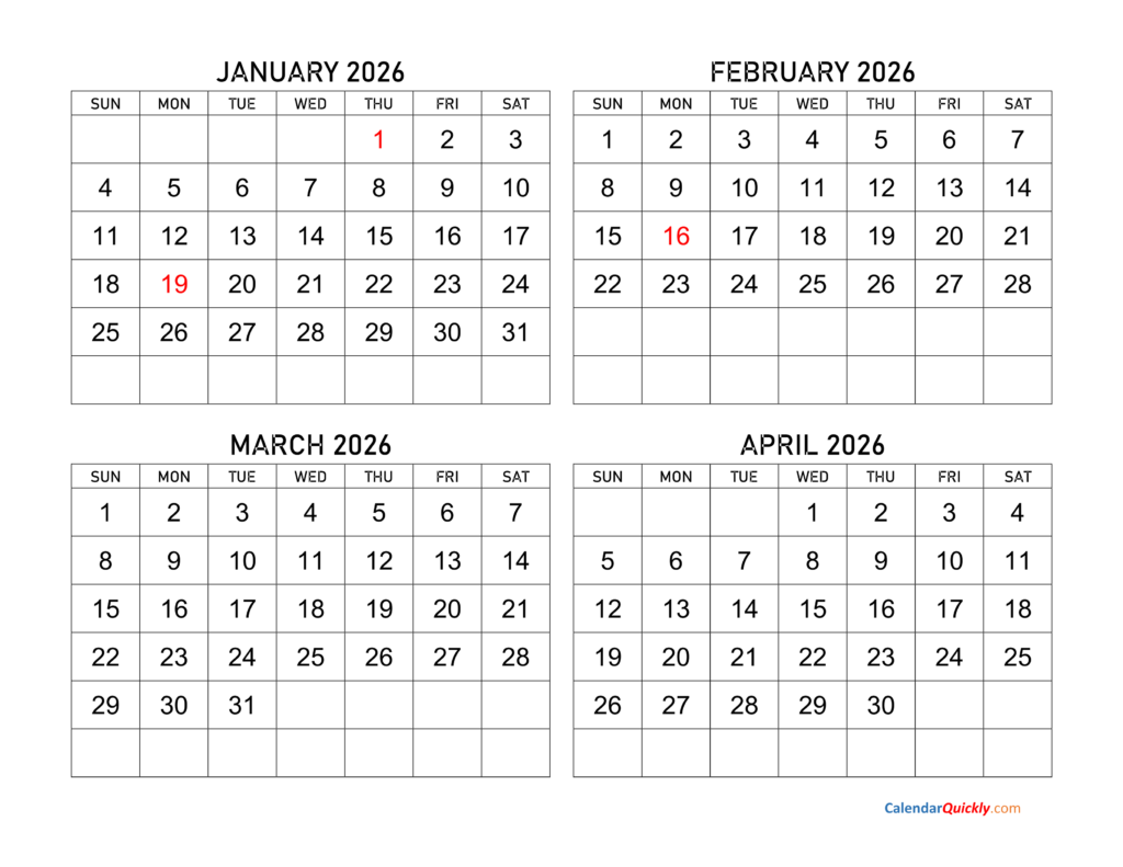 January to April 2026 Calendar Printable | Printable Calendar 2025