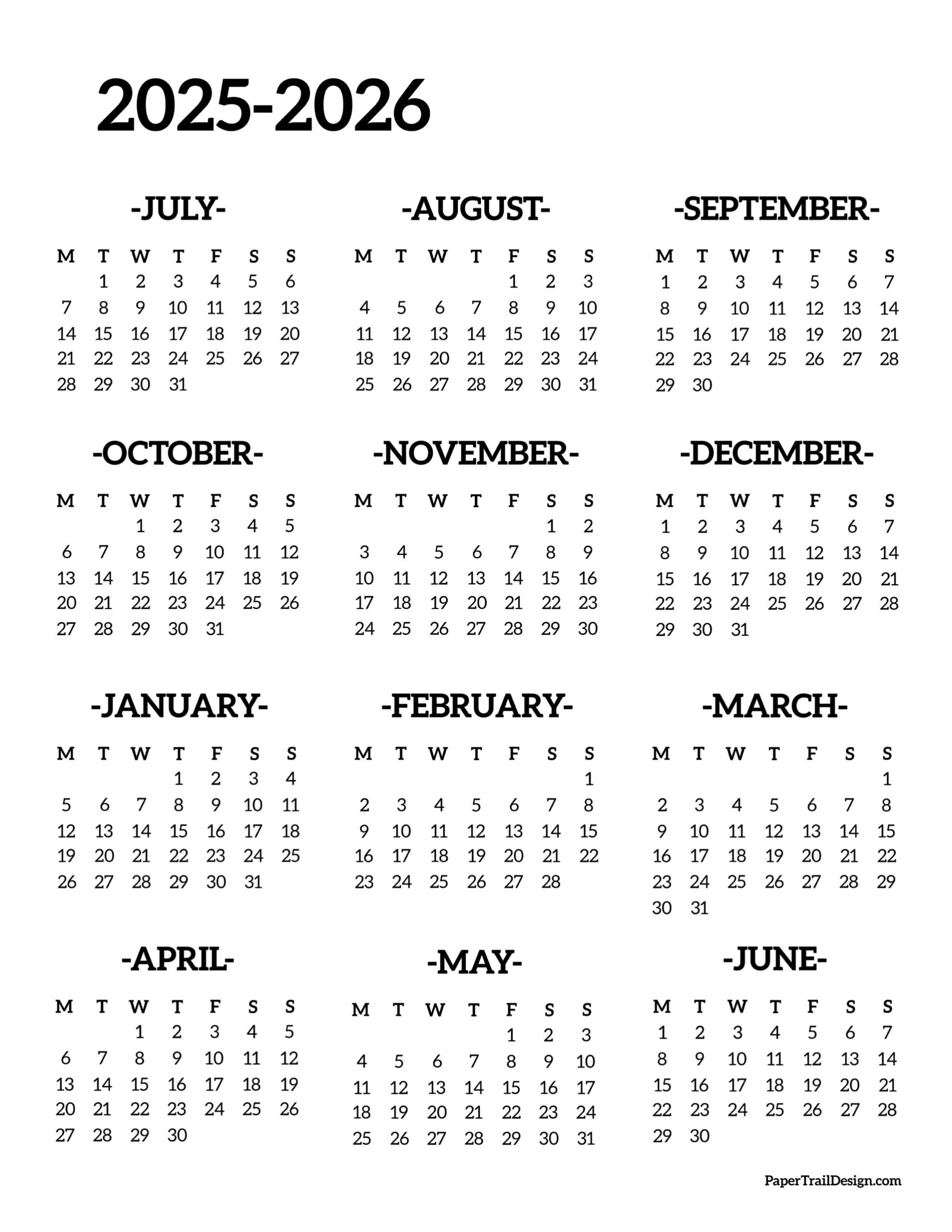 July 2025 to February 2026 Calendar | Printable Calendar 2025
