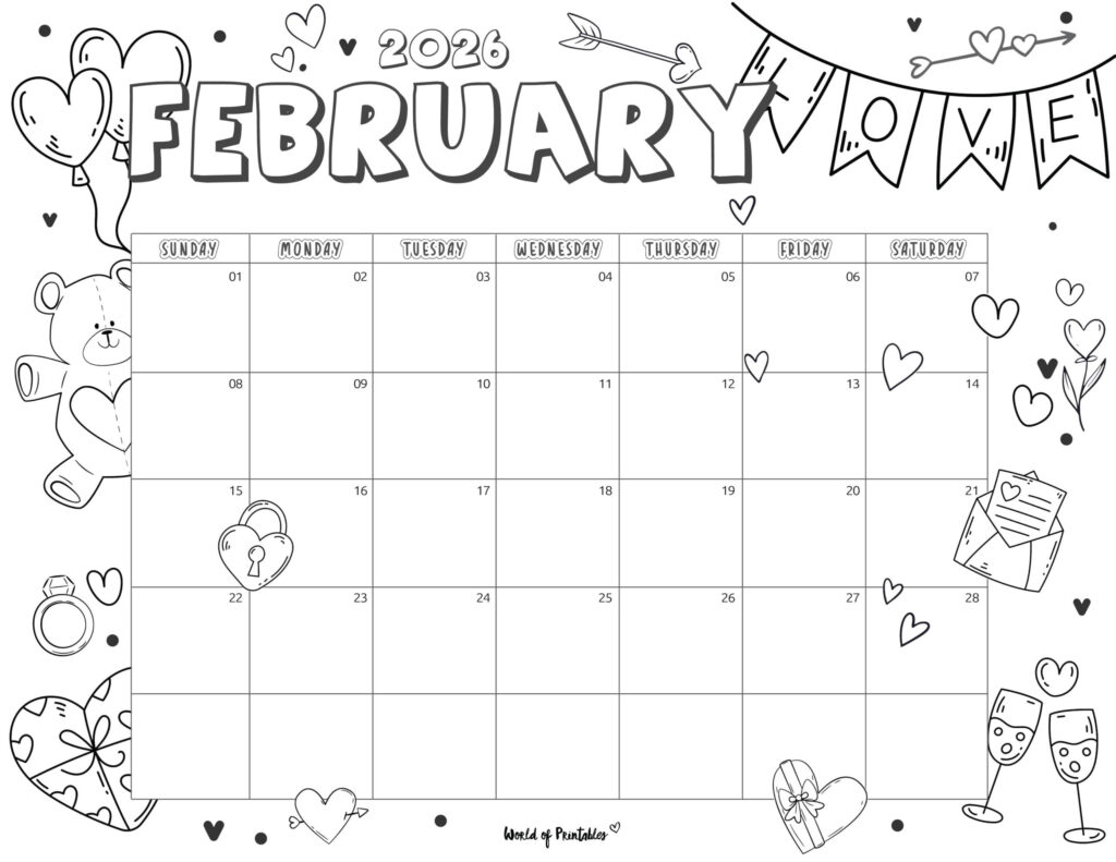 February 2026 Calendar Coloring Page | Printable Calendar 2025