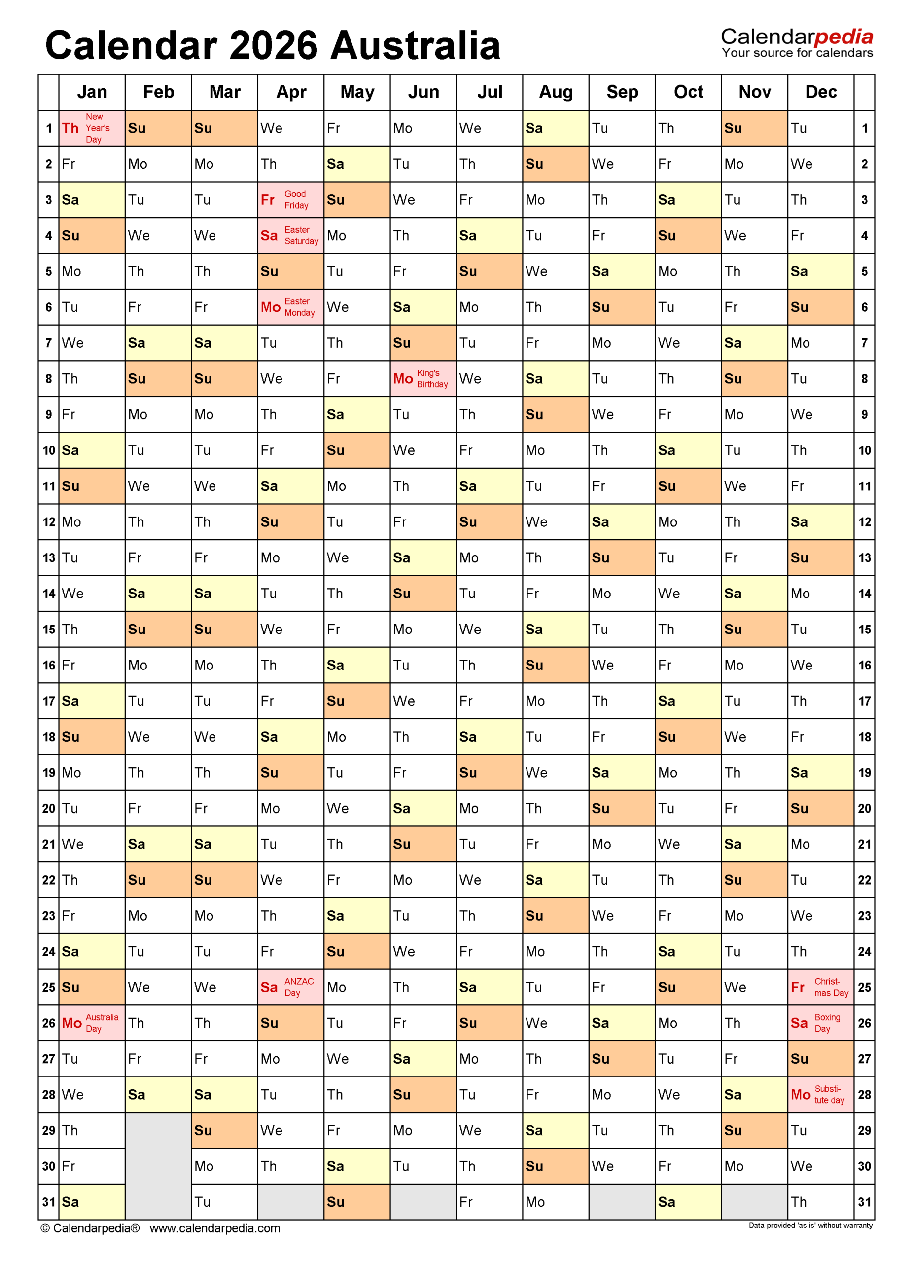 February 2026 Calendar with Holidays Australia | Printable Calendar 2025