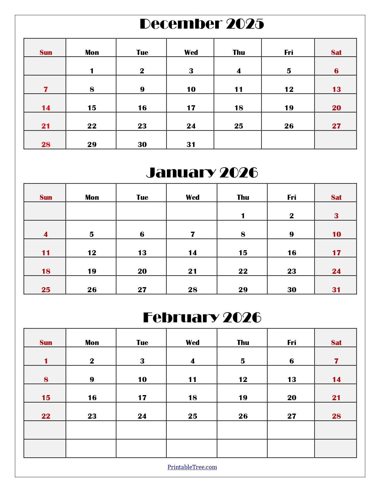 Printable 3 Month Calendar December 2025 January February 2026 ...