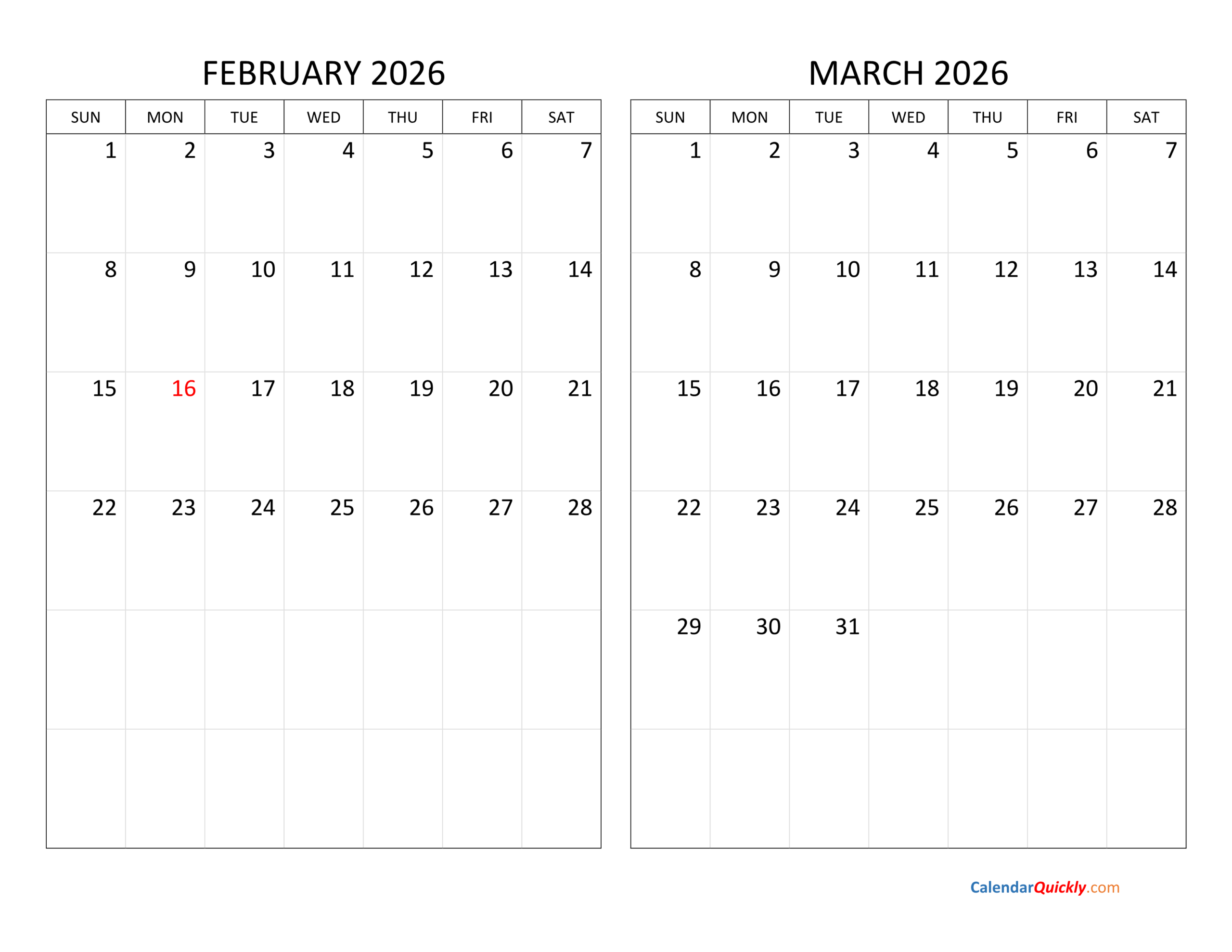 Feb and March 2026 Calendar | Printable Calendar 2025