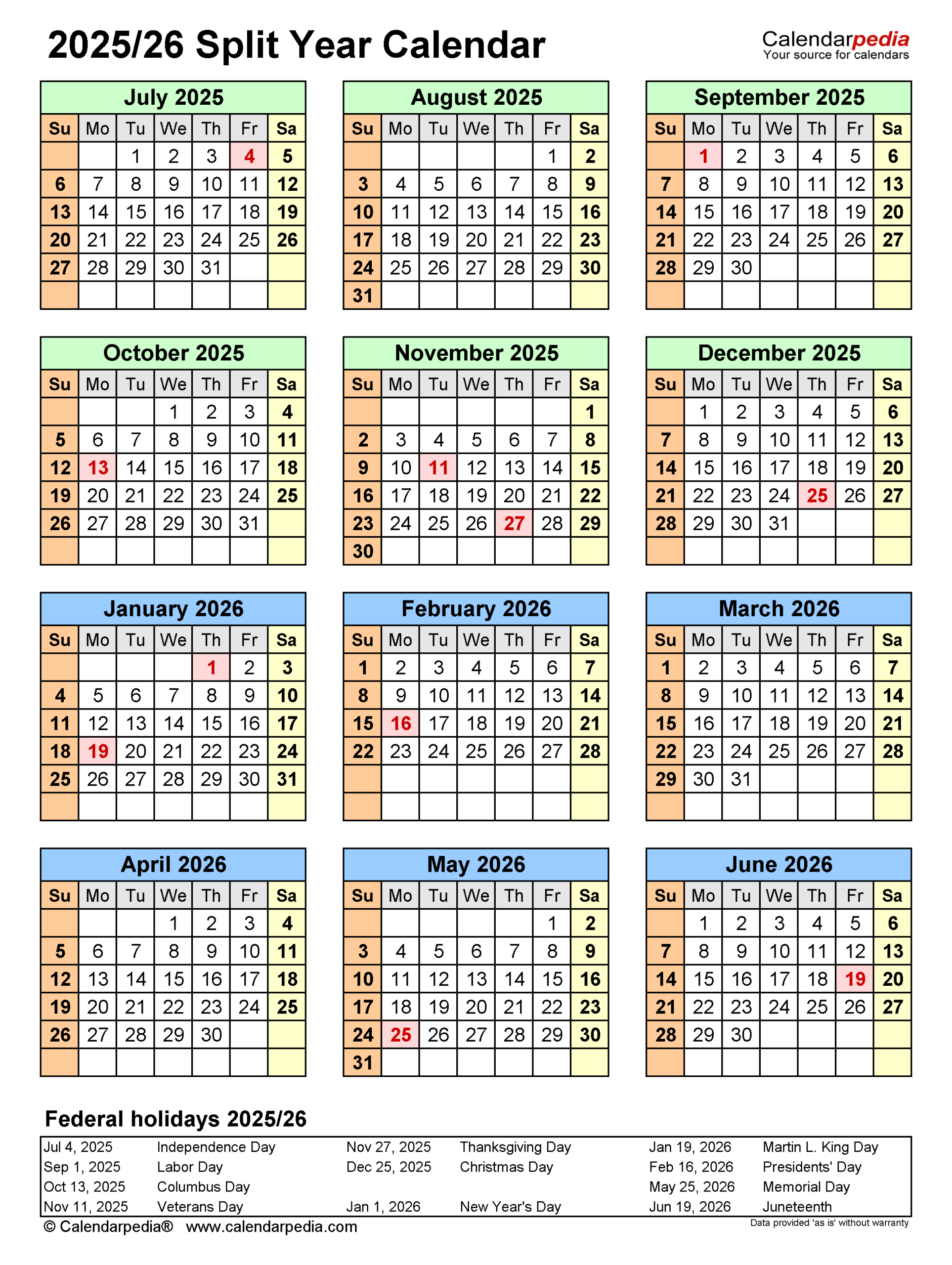 July 2025 to February 2026 Calendar | Printable Calendar 2025